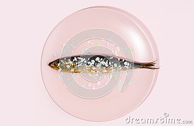 Fish Covered Microplastic On A Pink Plate. Impact Of Micro Plastic On ...