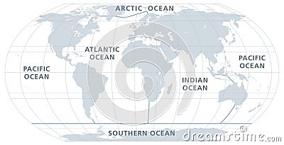 The Five Oceans Of The World, Model Of Oceanic Divisions, Gray Map ...