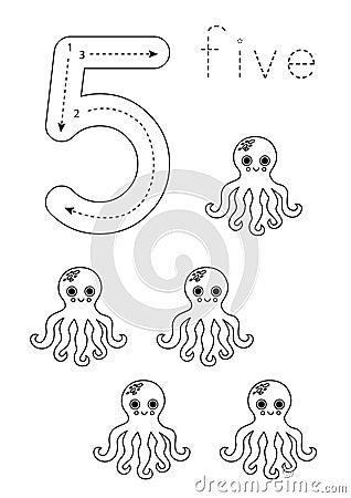 Flashcard Number 5. Preschool Worksheet. Black And White Octopuses Vector Illustration ...