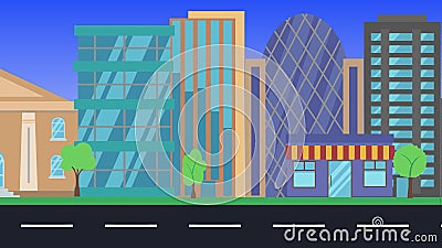 Flat Animation of City Background, Front View of Modern Architectural ...