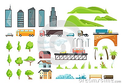 Flat City Map Vector Elements With Urban Transport, Road, Trees And ...