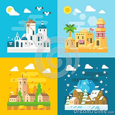 Flat Design Travel Seasons Set Stock Vector - Image: 63425004