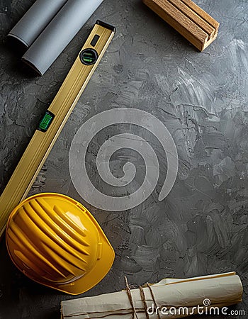 Flat Lay Of Construction Tools And Blueprints On Concrete, A Visual ...