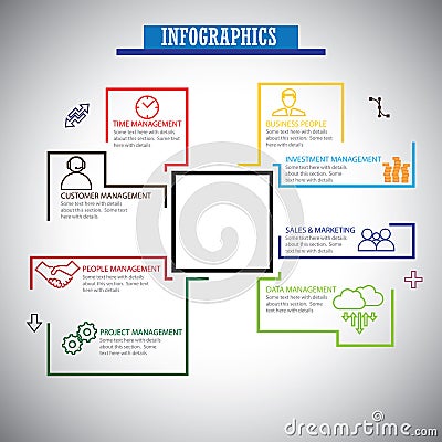 Flat Line Infographics Icons Set Of Management - Concept Vector Stock ...