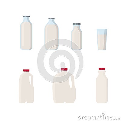 Flat Vector Illustration Set Of Milk, Kefir In Different Plastic ...