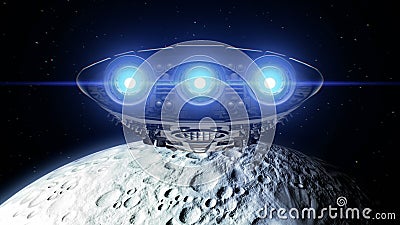 Alien Spaceship is Approaching Moon. Bright Engines Flashing, 3d ...