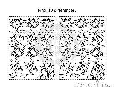 Flock Of Fish Find The Differences Picture Puzzle And Coloring Page ...