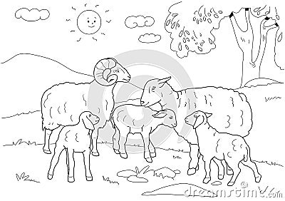 A Flock Of Sheep. Coloring Pages.Outline Image Cartoon Vector ...