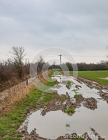 Flooded And Deeply Rutted Field Track Alongside A Swollen River ...