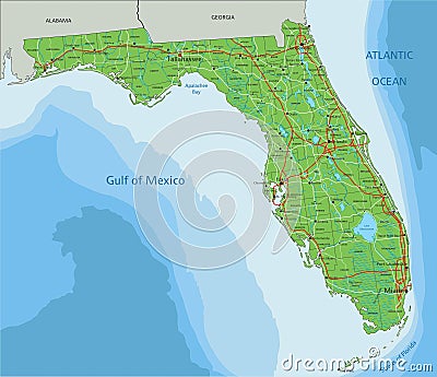 Detailed Florida Physical Map With Labeling. Vector Illustration ...