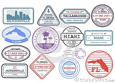 Florida Stamps Set, Postage Stamp With Symbols Of State And Map Outline ...