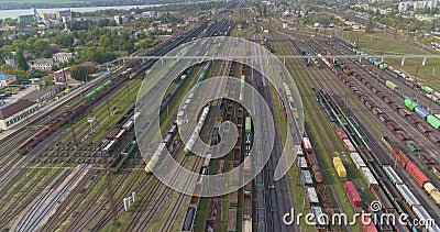 Fly Over a Large Railway Junction. Freight Trains Stand at the Railway ...