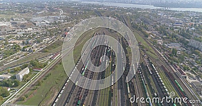 Fly Over a Large Railway Junction. Freight Trains Stand at the Railway ...