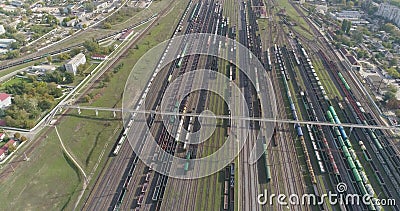 Fly Over a Large Railway Junction. Freight Trains Stand at the Railway ...