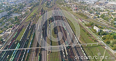 Fly Over a Large Railway Junction. Freight Trains Stand at the Railway ...