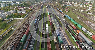 Fly Over a Large Railway Junction. Freight Trains Stand at the Railway ...