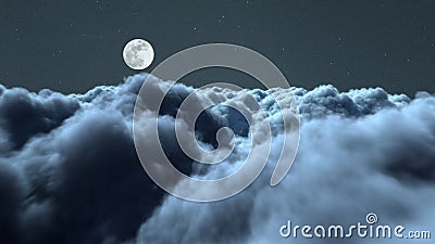 Flying through the Cinematic Blue Night Clouds with Full Moon on Sky ...