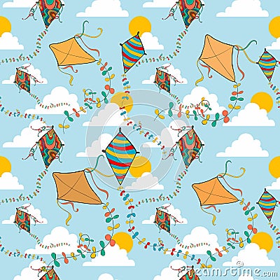 Flying Kites Seamless Pattern Cartoon Vector | CartoonDealer.com #32017445