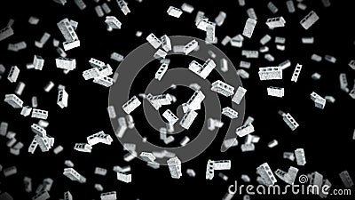 Flying Many Concrete Bricks on Black Background. Miniature Model ...