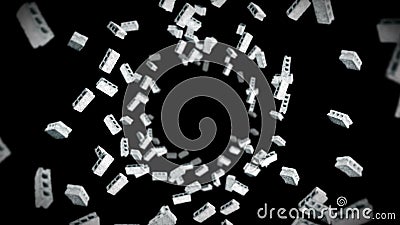 Flying Many Concrete Bricks on Black Background. Miniature Model ...