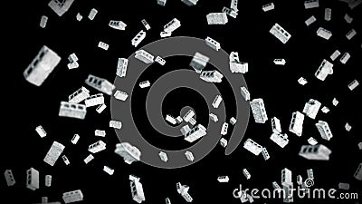 Flying Many Concrete Bricks on Black Background. Miniature Model ...