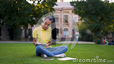 Focused Girl Student Doing Homework Sitting in a Park. 4K Stock Footage ...