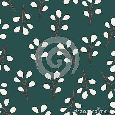 Forest Green With Whimsical White Leafy Elements Seamless Pattern ...