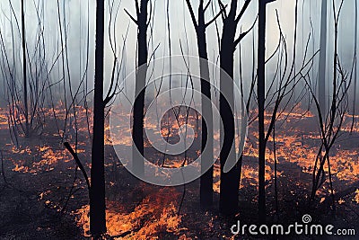 Forest Tree Devoured By Flames Of Wildfire Natural Disaster. Effect Of ...