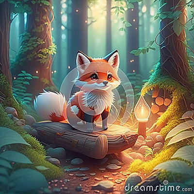 A Fox On Log Illuminated By Fireflies, Surrounded By Lush Forest With ...