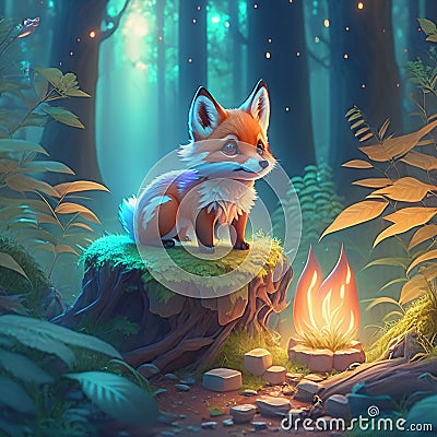 A Fox On Log Illuminated By Fireflies, Surrounded By Lush Forest With ...