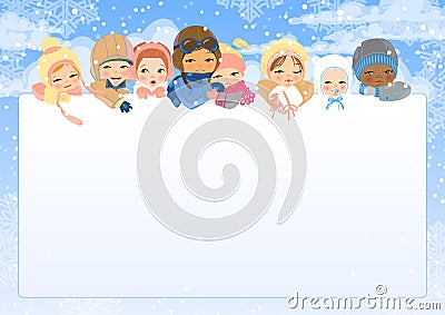 Frame With Eight Pretty Baby's Heads. Winter. Royalty Free Stock Images ...