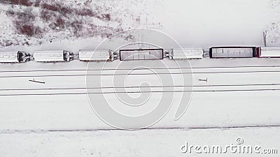 Freight Train with Wagons in Winter, Top View. Railway Station with ...