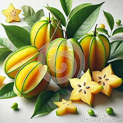 Fresh Carambola Starfruit, Whole And Sliced In Half, On White Backdrop ...