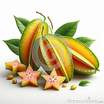 Fresh Carambola Starfruit, Whole And Sliced In Half, On White Backdrop ...