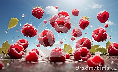Fresh Raspberries Flying Isolated On Daylight Background Stock Photo ...