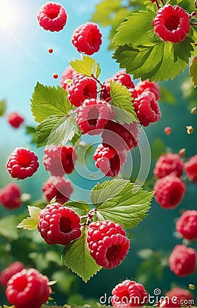 Fresh Raspberries Flying Isolated On Daylight Background Royalty-Free ...