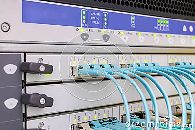 The Front Panel Of The Central Router Has Many Fiber-optic Wires. High ...