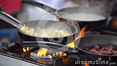 Frying Pan on Fire, Chef Frying Vegetables on Fire Throwing Them in a ...