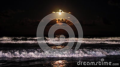 Full Moon Rising Over Sea Waves. Dramatic Sunset Over Beach Video Stock ...