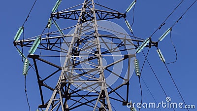 Full-sized Electric Support with High-voltage Wires. Vertical Panorama ...