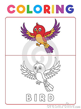 Funny Bird Coloring Book With Example. Preschool Worksheet For ...