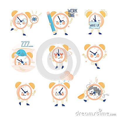 Funny Clock Character With Smiling Face Sleeping And Crying Vector Set ...