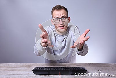 Funny Nerd Young Businessman, Man Working On Computer.Typing On The ...