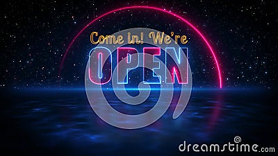 Blue Red Shine Come in we are OPEN Text in Half Circle Lines Neon Sign ...