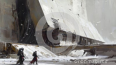 Futuristic Explorers Walking Towards A Massive Structure Royalty-Free ...