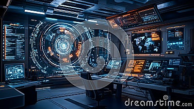 Futuristic High-Tech Control Room With Data Displays And Holographic ...