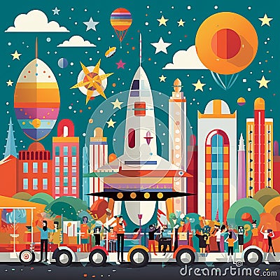 Futuristic Imaginative Parade Scene Celebrating The Progress Of A ...