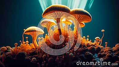 Futuristic Luminous Glowing Mushrooms And Spore Particles, Mycelium ...