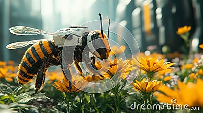 Futuristic Robotic Bee Pollinating Vivid Yellow Flowers In A Lush ...