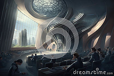 Futuristic University Building, With Students And Faculty In Classrooms ...
